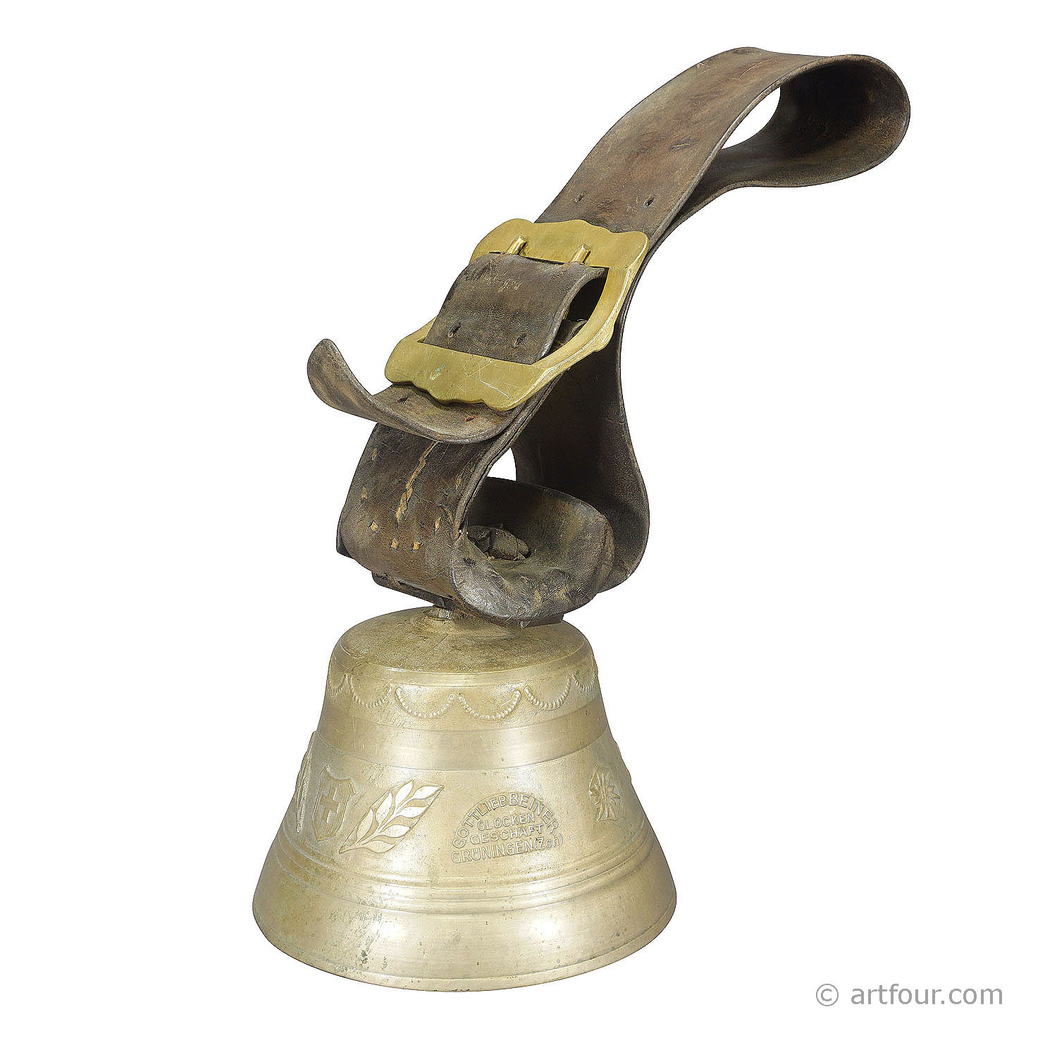 large antique swiss bronze cow bell with leather strap ca. 1900