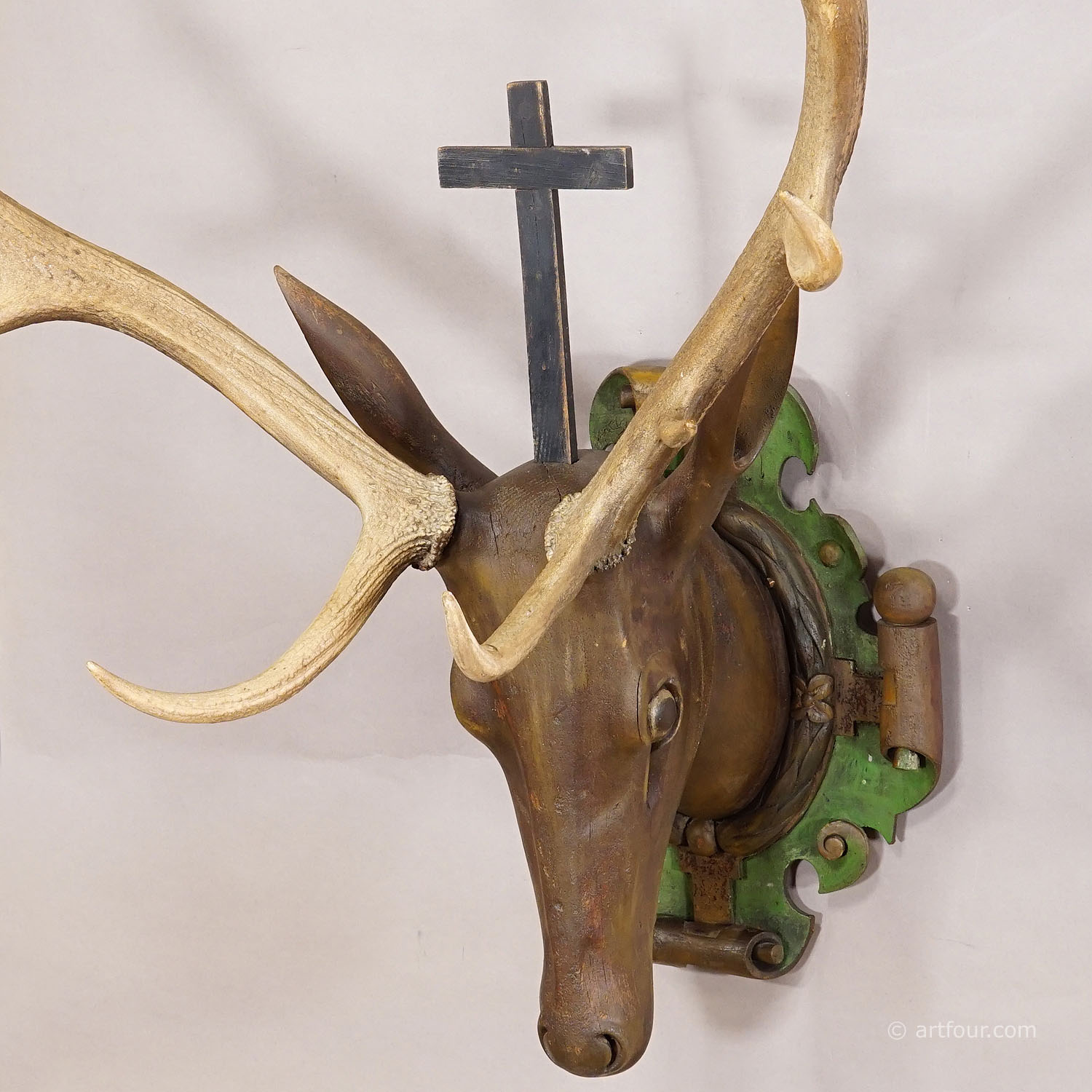 Large antique Baroque stag head carved in Bavaria ca. 1900