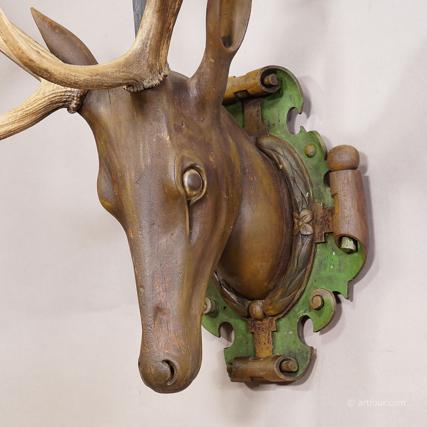 Large antique Baroque stag head carved in Bavaria ca. 1900