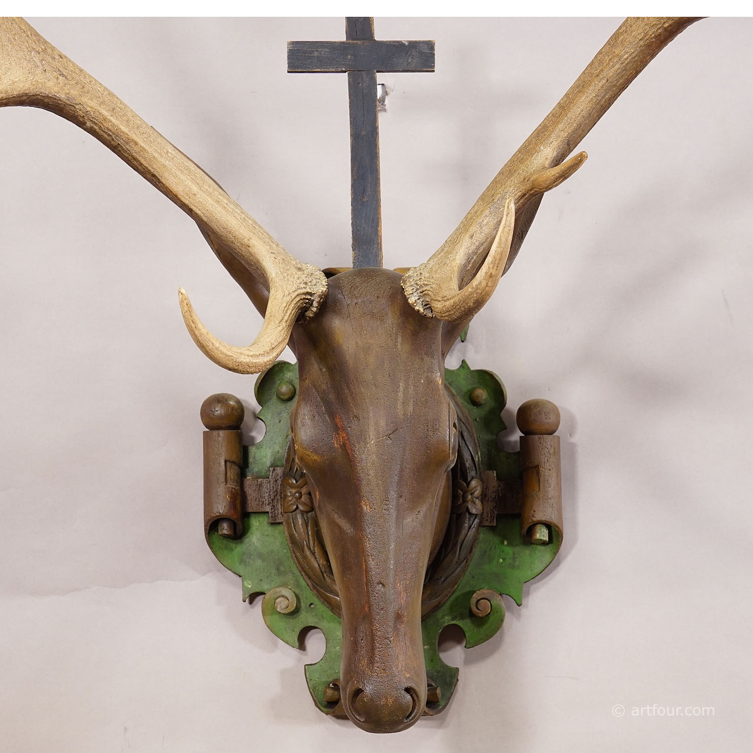 Large antique Baroque stag head carved in Bavaria ca. 1900