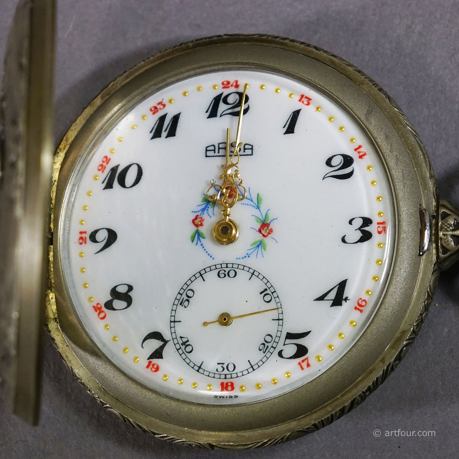 A vintage swiss made pocket watch with hunting motive, ca. 1950s